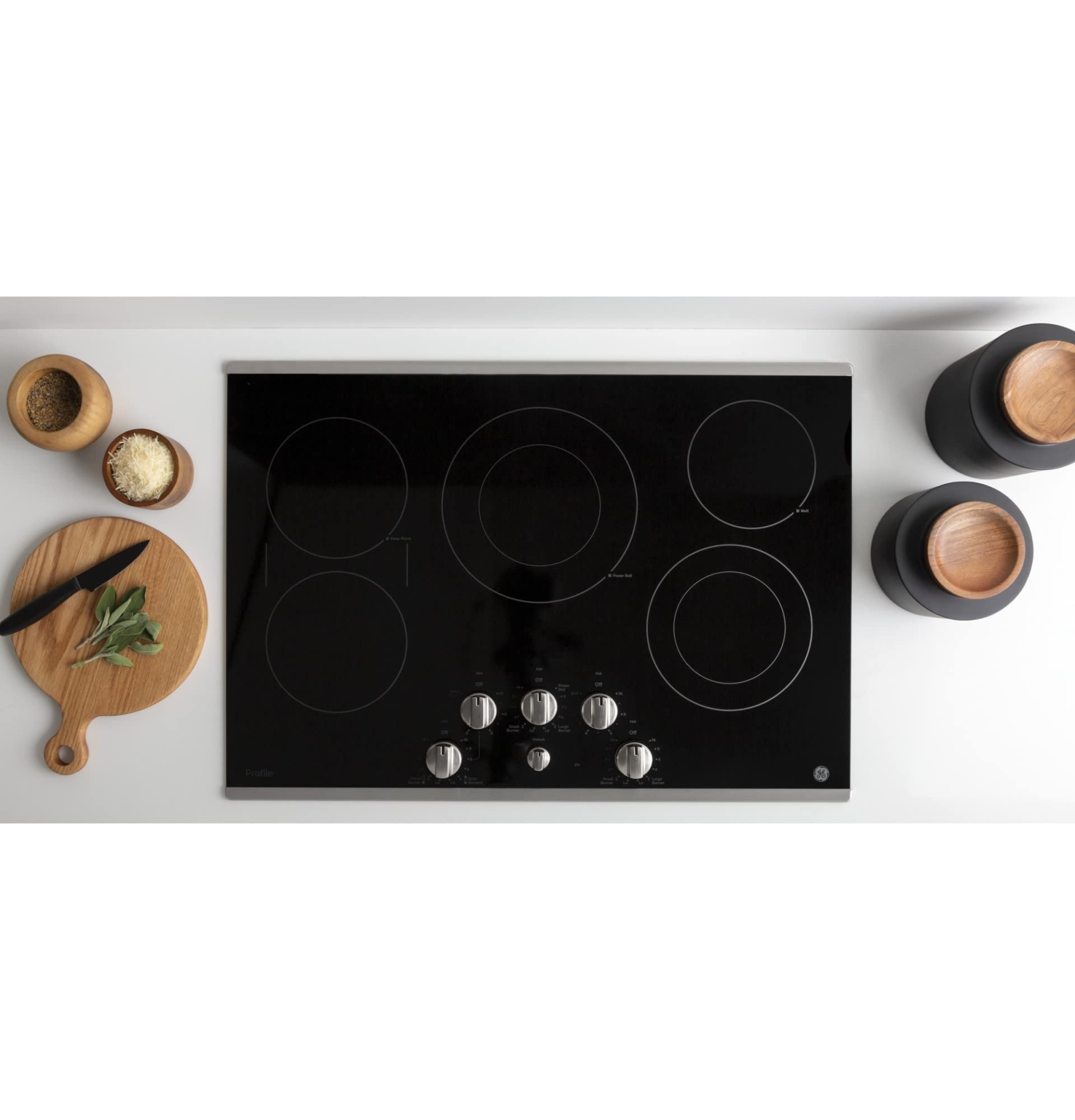 GE PP7030DJBB 30 Inch Electric Cooktop with 5 Radiant, Bridge SyncBurners, 9/6 Inch Power Boil Element, Keep Warm Setting, Red LED Backlit Knobs, ADA Compliant Fits Guarantee