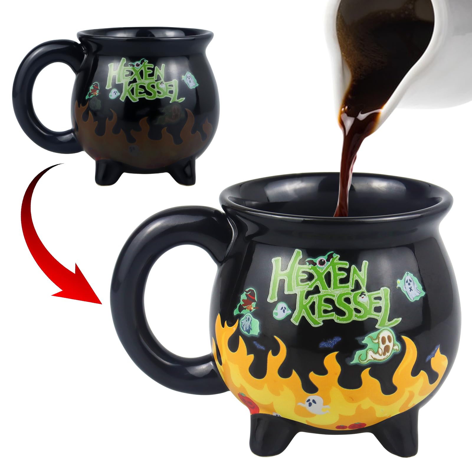 iMiibel Witch Brew Cauldron Mug, Halloween Ceramic Coffee Mug, 300ml/10oz, Color Changing Cauldron Mug, Cute Halloween Water Cups, Birthday Halloween Gifts