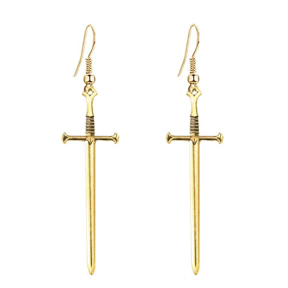 Gothic Vintage Silver Sword Cross Dangle Hook Earrings Retro Punk Knife Earrings Jewelry for Women(antique gold)