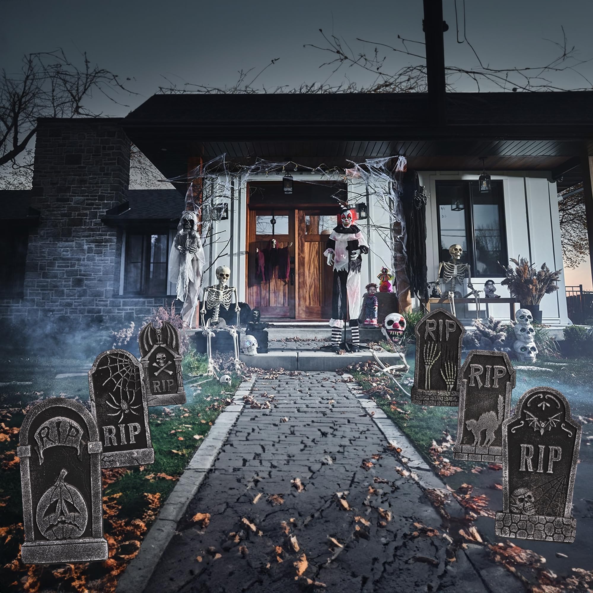 Hourleey Halloween Foam RIP Tombstones, 6 Pack 15" Graveyard Headstone Decorations Outdoor for Halloween Lawn Yard Garden Tombstone Decor