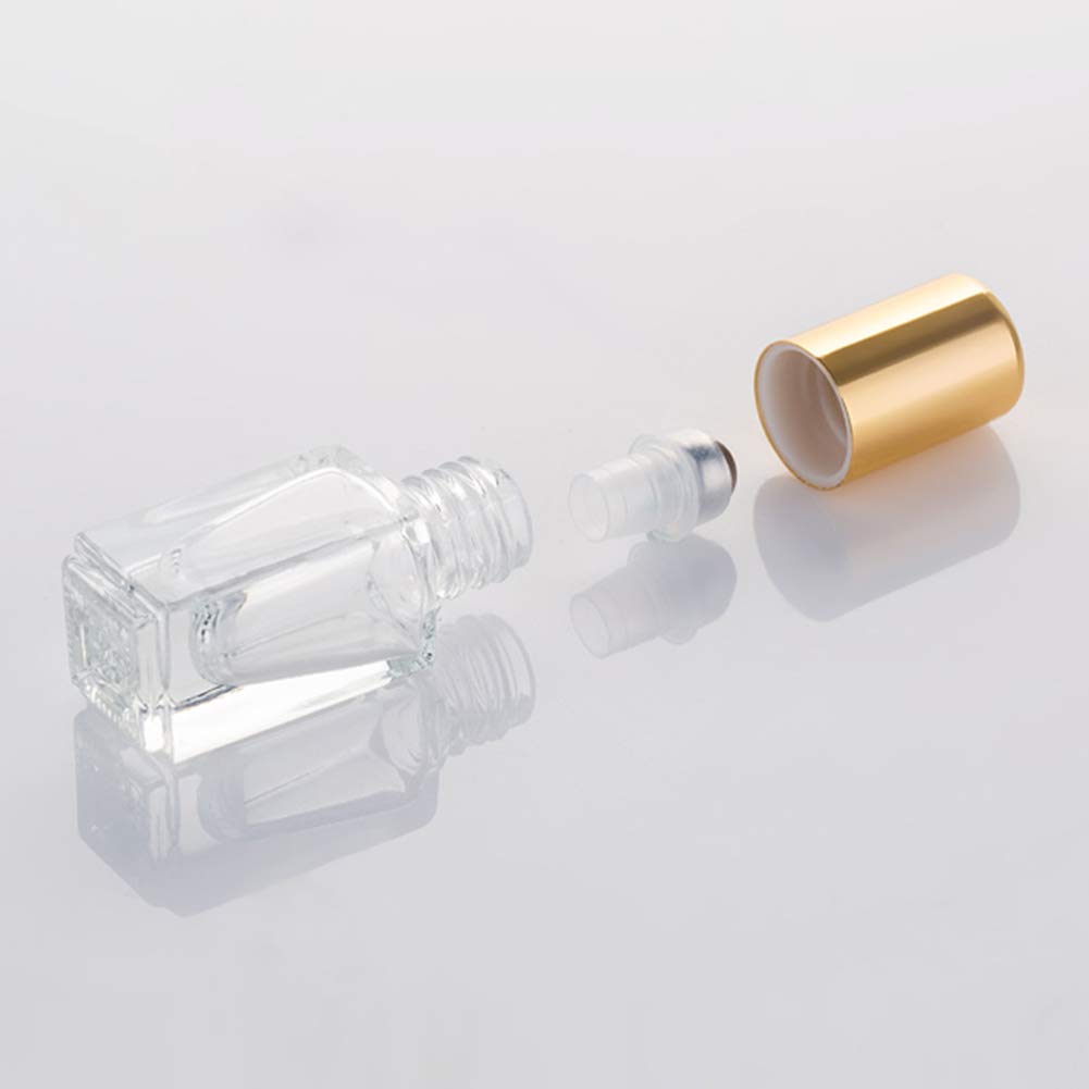 Furnido 3ml Square Glass Roller Bottle For Essential Oils,Mini Glass Bottles With Stainless Steel Roller Balls,Gold Aluminum Caps Portable Roll-On Vial Aromatherapy Perfume Container-10 Pack