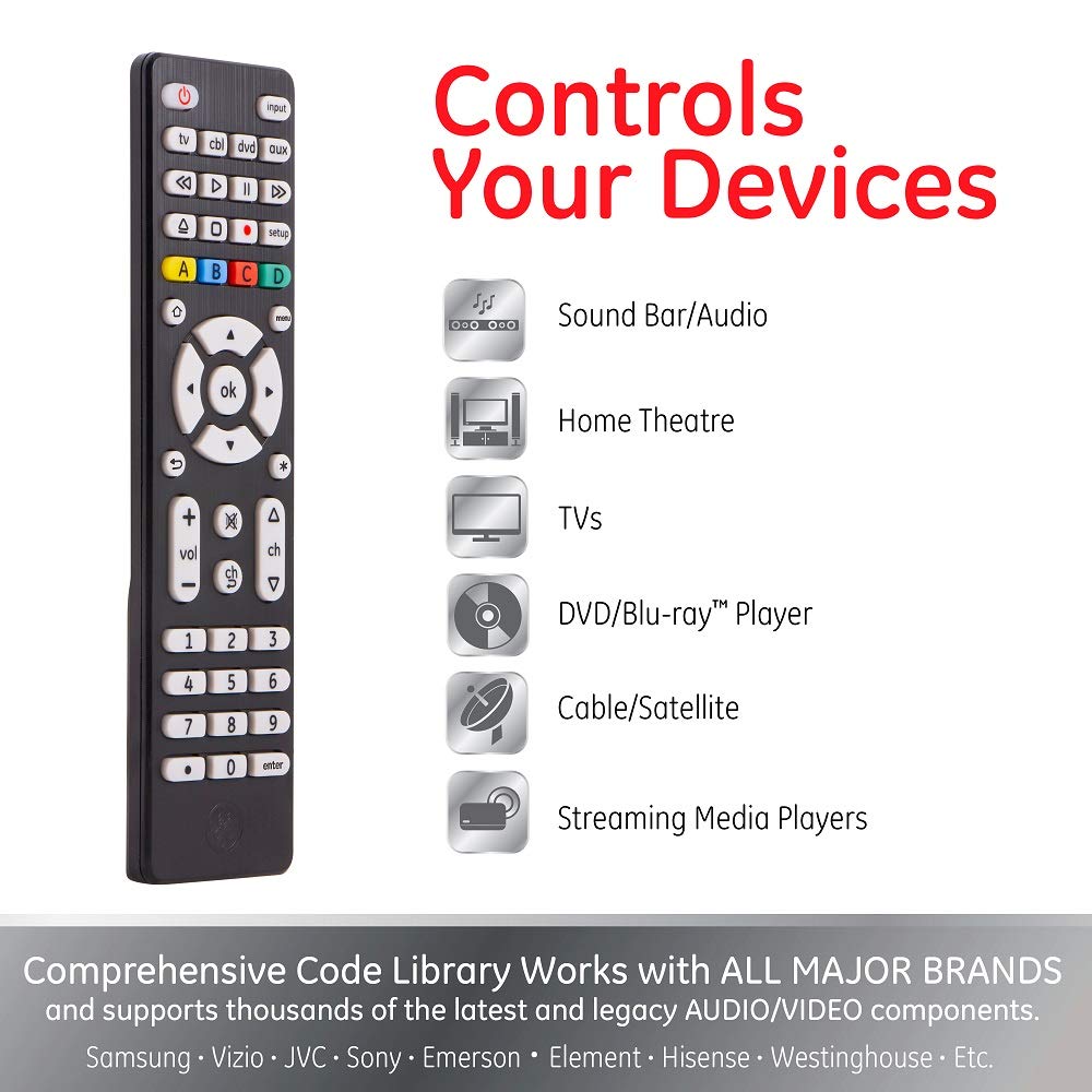 GE Universal Remote Control, Samsung TV Remote Control Replacement, Universal TV Remote Samsung Remote Control for Smart TV, Roku Replacement Remote, Vizio, LG, Sony, Apple TV, 4-Device, Black, 34457