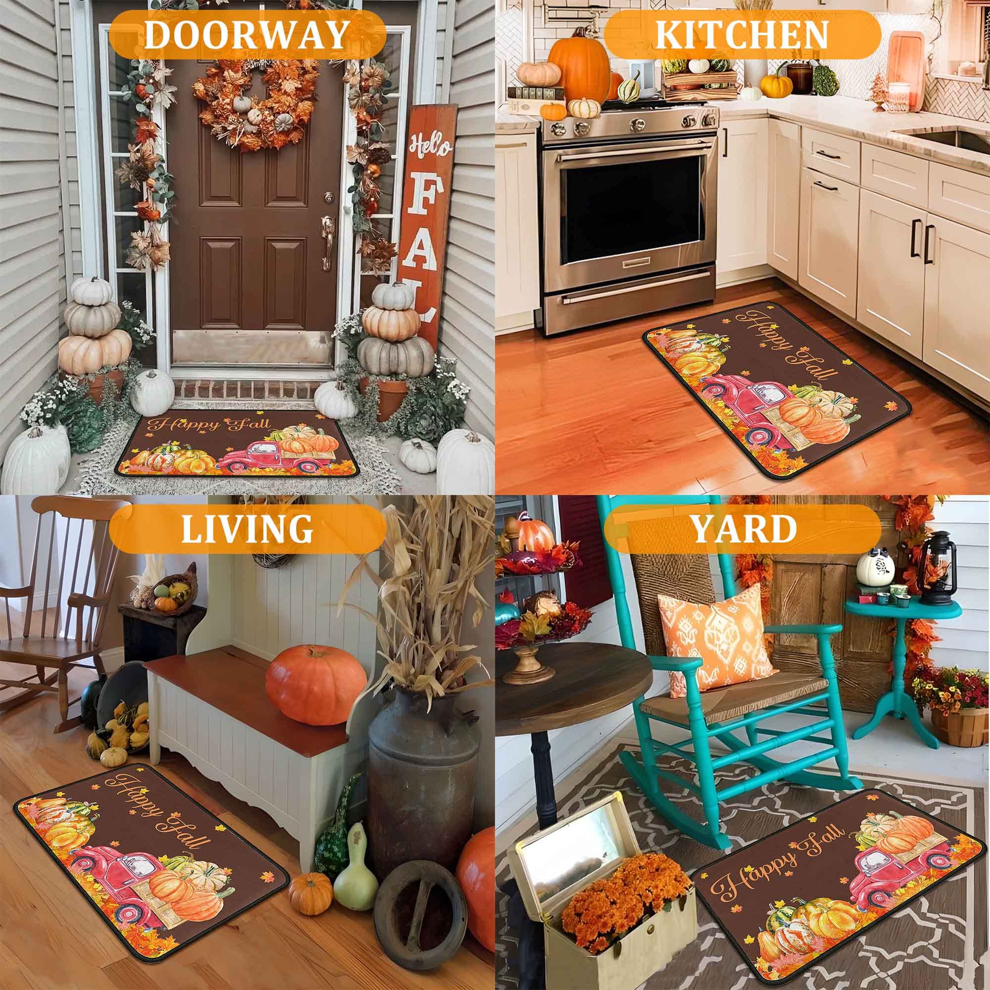 Happy Fall Pumpkin Decorative Kitchen Rugs Set of 2,Non Skid Washable, Home Seasonal Fall Holiday Party Autumn Harvest Thanksgiving Kitchen Mat 17"x47"+17"x30"