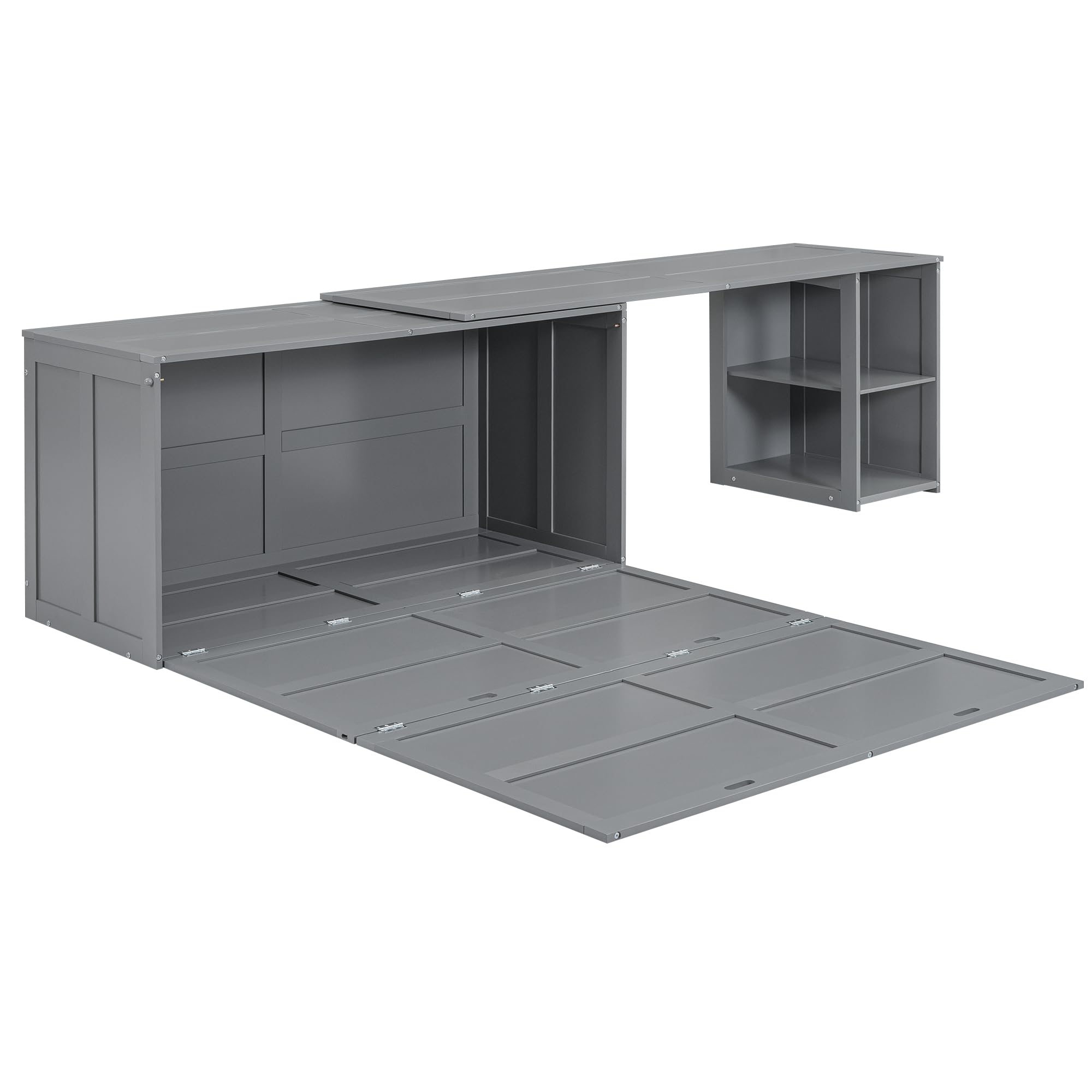 FurniFusion Queen Size Murphy Bed with Rotable Desk and Shelves, Space-Saving Foldable Chest Platform Bedframe, Hiddenbed Cabinet for Multipurpose Guest Room Home Office Bedroom, Gray