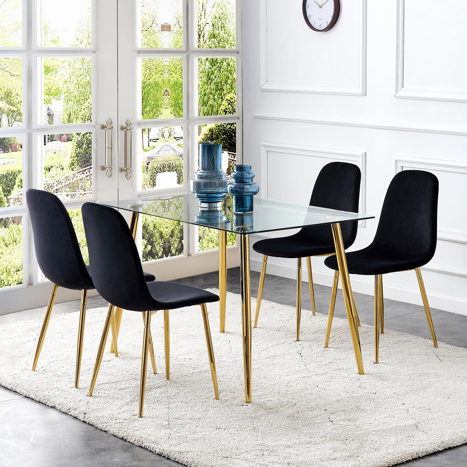 FURNITO Glass Dining Table Set for 4, 51 Inch Rectangular Dining Table with Tempered Glass Top, Black Linen Spoon Dining Chairs, Modern Gold Leg Dining Table and Chair Set