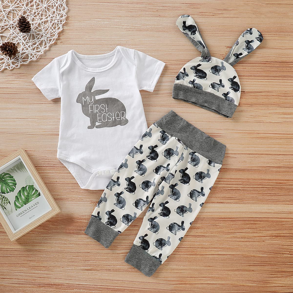 Infant Baby Boys Girls Easter Outfits My 1st Easter Bunny Short Sleeve Romper Rabbit Pants Hat Clothes Set 3-6M