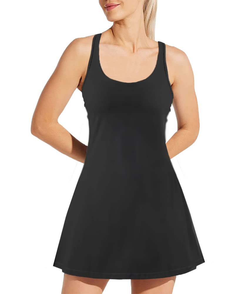 Gyiefcg Womens Athletic Tennis Dresses with Shorts Sleeveless 2-1 Exercise Golf Workout Dress with Pockets Black