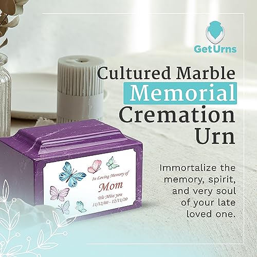 GetUrns β Legacy Cultured Marble Urn by Mackenzie, Adult Size Cremation Urns, Custom UV Printed Burial Urn for Ashes, 210 Cubic Inch Cemetery Urns for Ashes, Butterfly, Amethyst