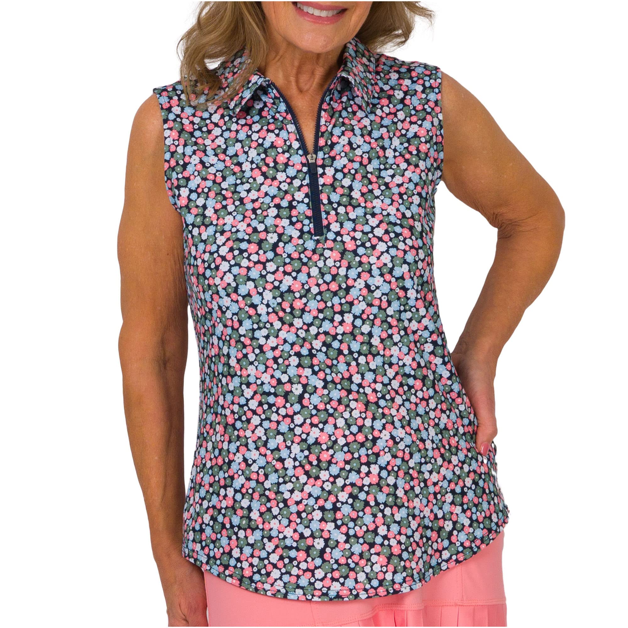 Jofit Apparel Women's Athletic Clothing Sleeveless Polo for Golf & Tennis, Size X-Large, Ditsy Floral Print