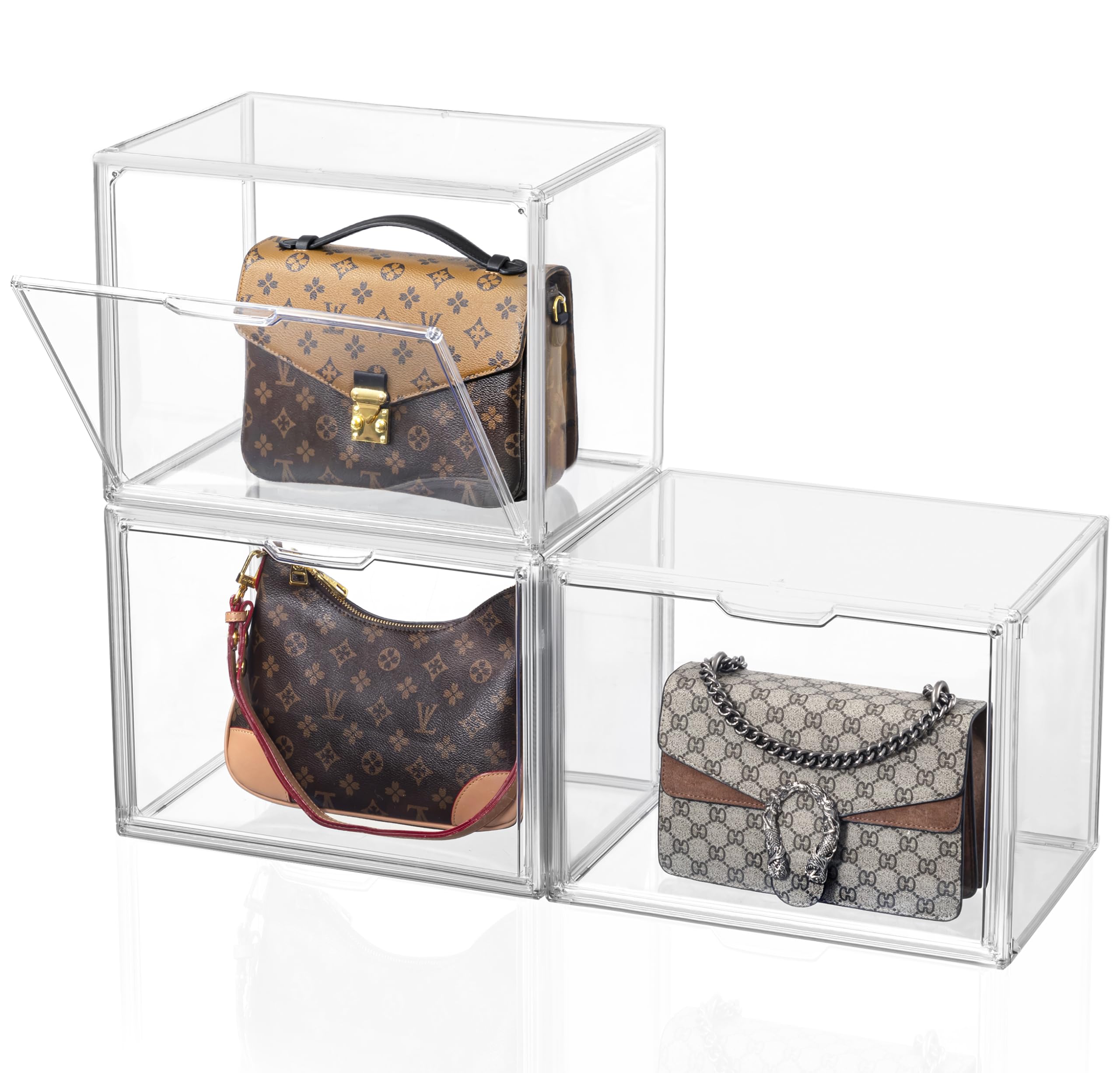 HBlife Plastic Purse and Handbag Storage Organizer for Closet, Stackable Acrylic Display Case Clear Shoe Box for Clutch, WalletFigure and Collectible, 3 Pack