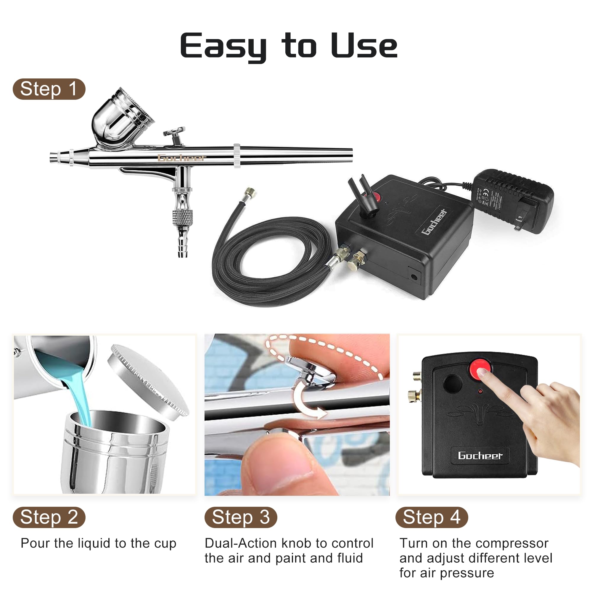 Gocheer 30PSI Airbrush Kit with Compressor Dual Action Mini Air Brush Kit Airbrush Gun Set with 0.2/0.3/0.5mm Nozzle Multi-Function Airbrush Gun Set for Painting Makeup Arts Nails Cake Decor Craft