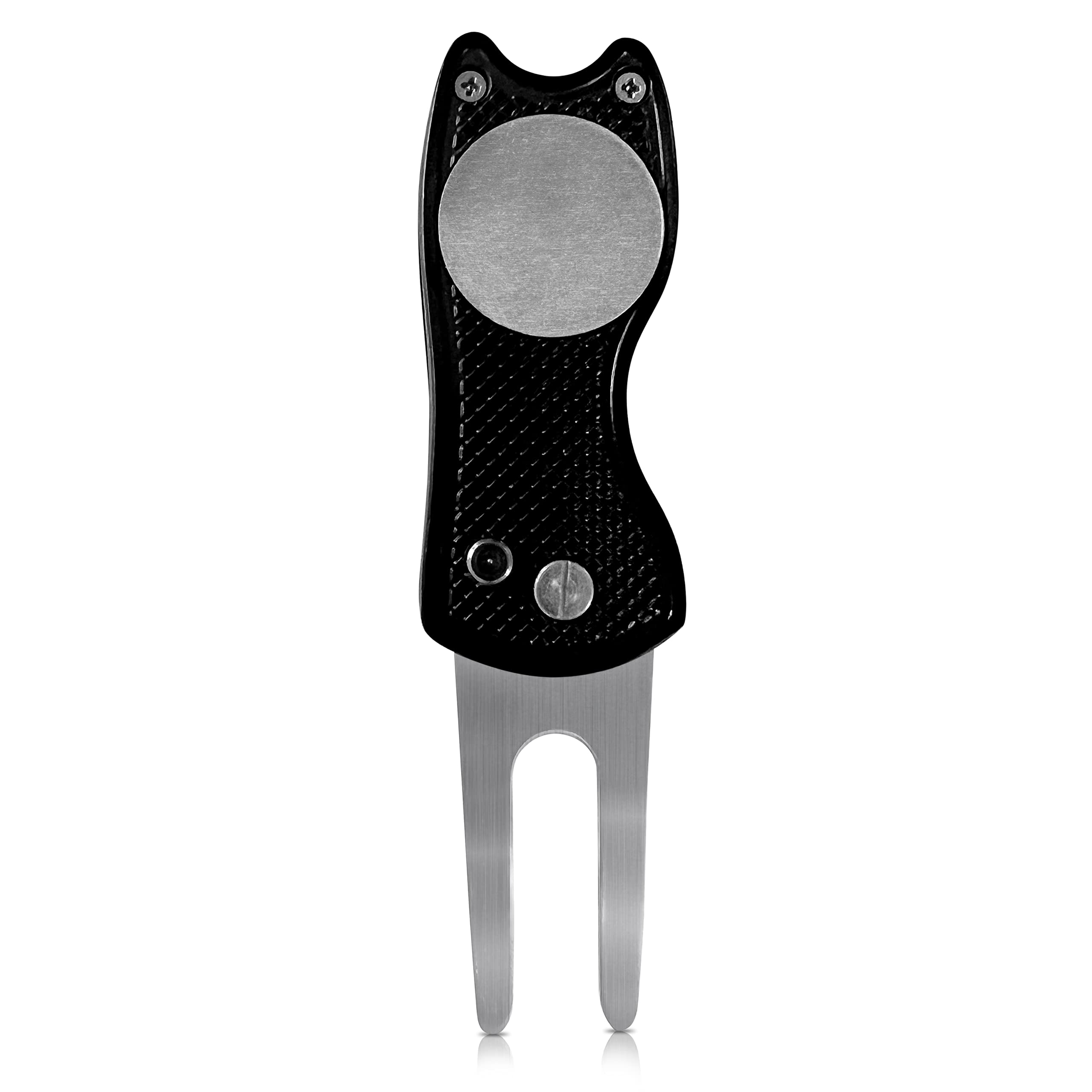 Golf Greens Repair Divot Tool Pitchfork 2 Prong Golf Ball Marker w/Switchblade Carabiner Clip Greens in Regulation Heavy Duty, Black