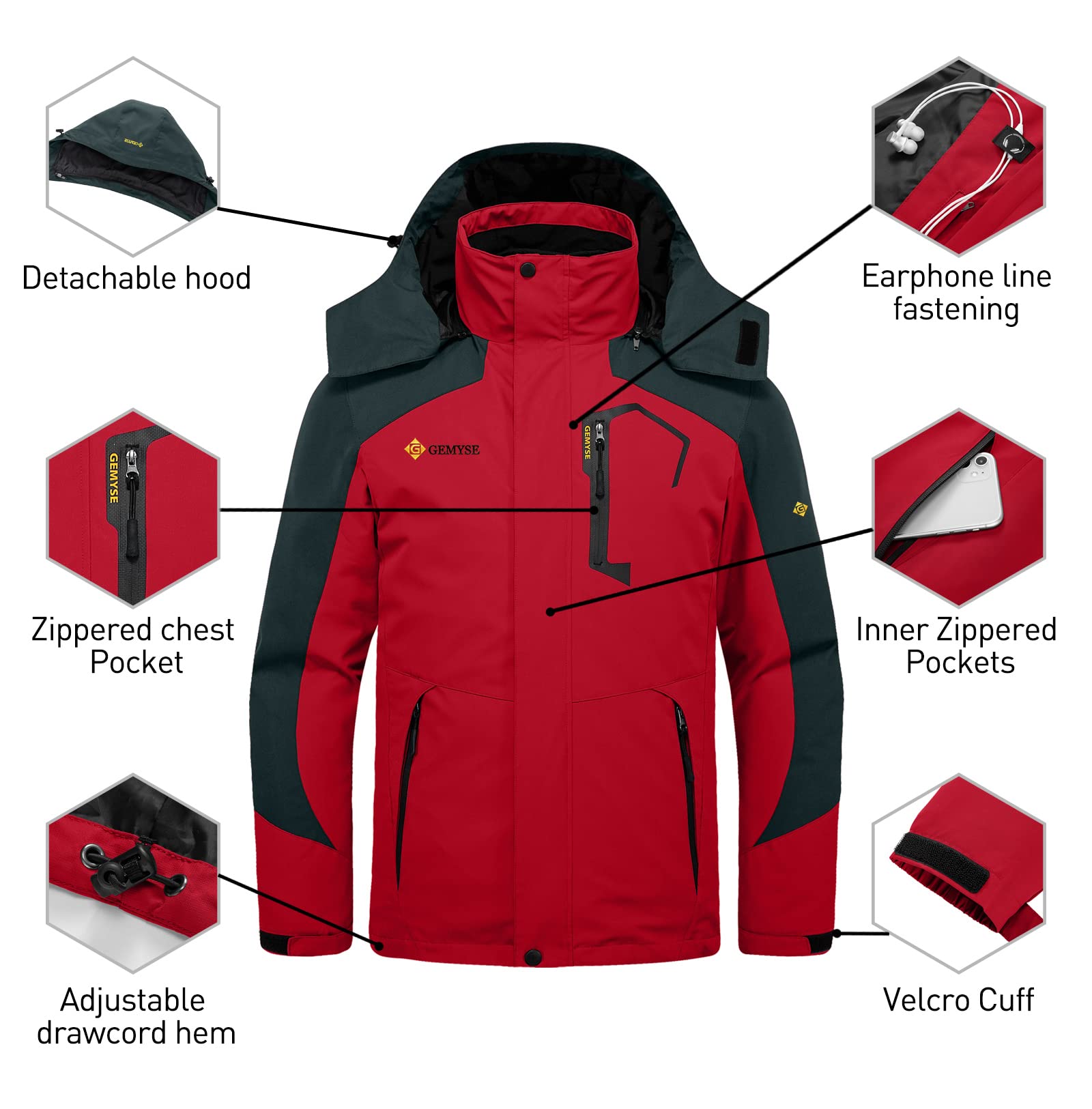 GEMYSE Men's Waterproof 3-in-1 Ski Snow Jacket Puffer Liner Insulated Winter Coat (Oriental Red,Large)