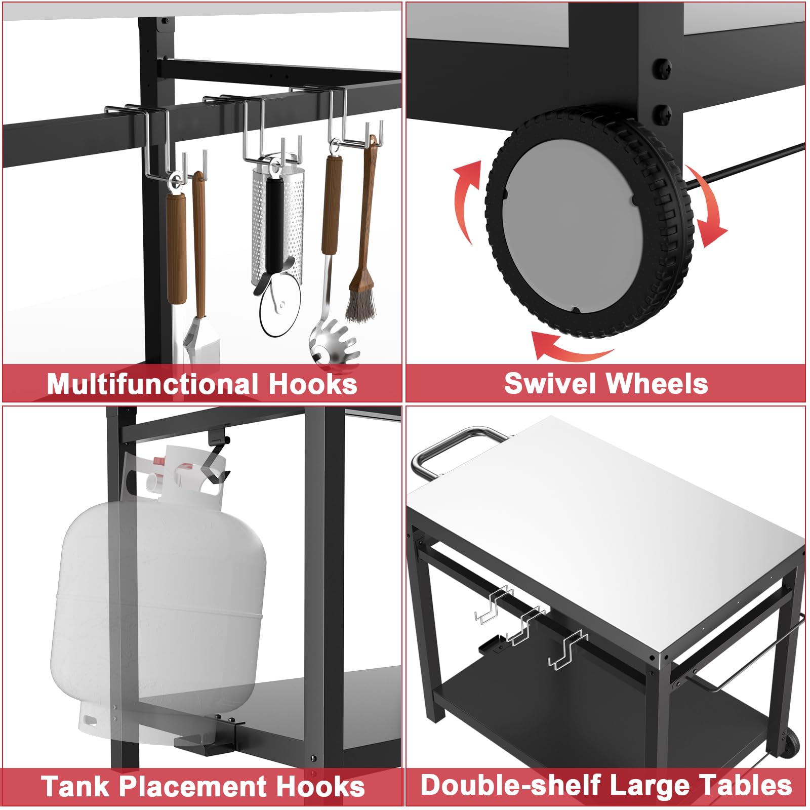 GLOWYE Grill Carts Outdoor with Wheels Portable Griddle Stand Pizza Oven Table, Multifunctional Double-Shelf Blackstone Cart Griddle Table for Blackstone, Ninja Grills, Black