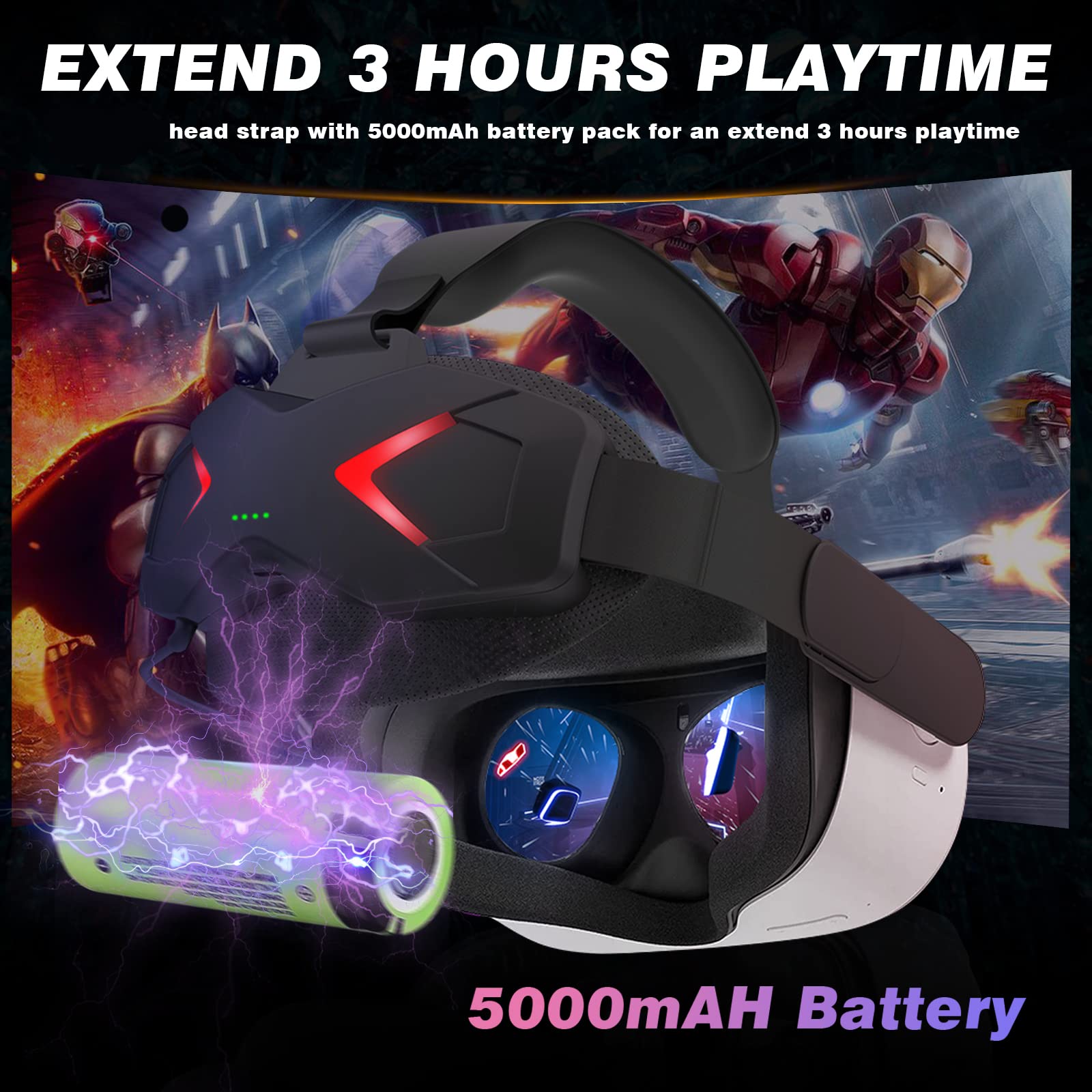 Head Strap with Battery Pack 5000mAH Compatible with Quest 2,Extend 3hrs Playtime,Thickened Lightweight Head Strap for Oculus Elite Strap with Front Face Protector Cover,Enhanced Comfort in VR-Black