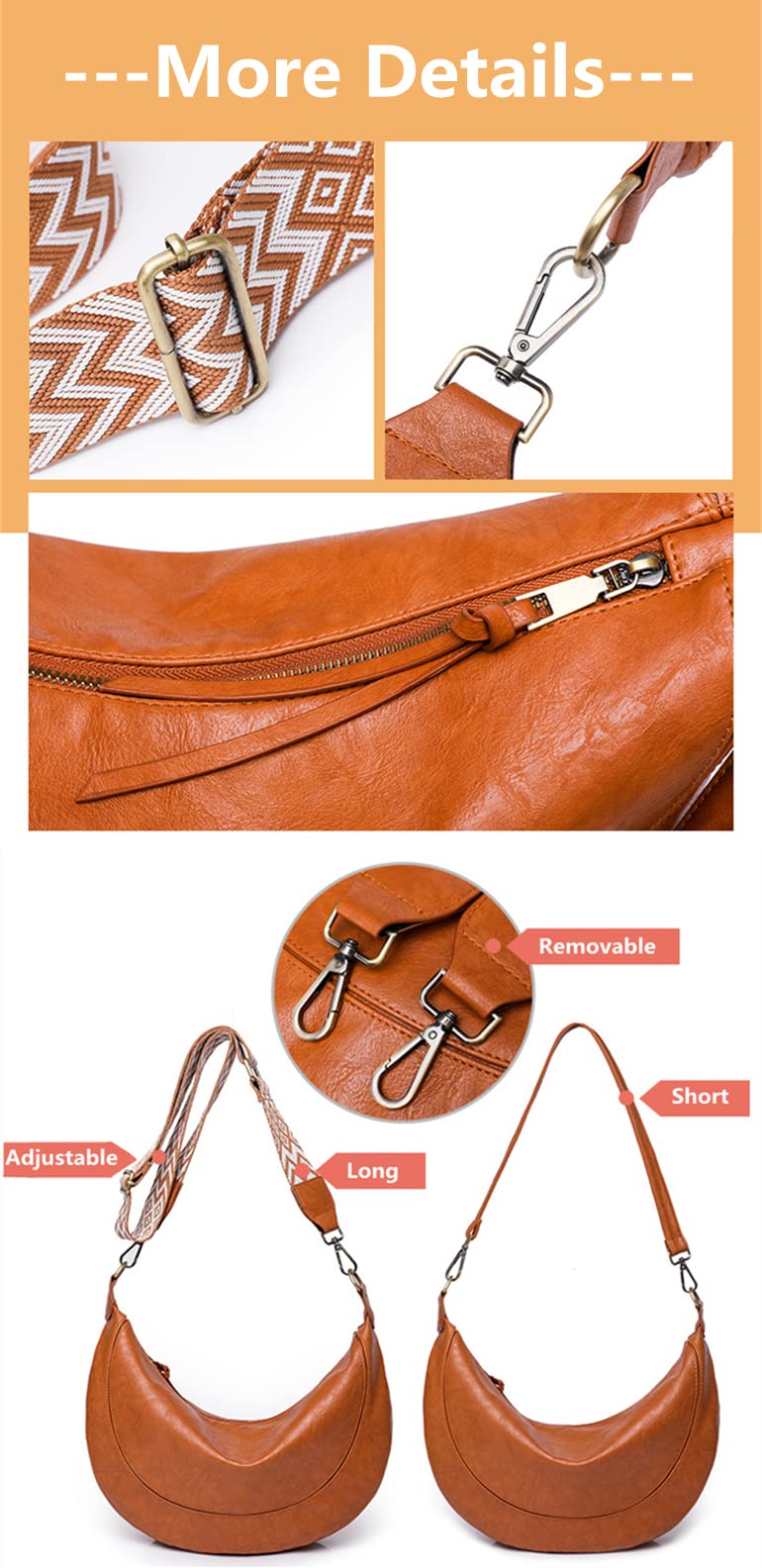 HANDAFA Moon Saddle Shoulder Purse With Gituar Strap PU Leather Crescent Crossbody Purse For Women(Black)