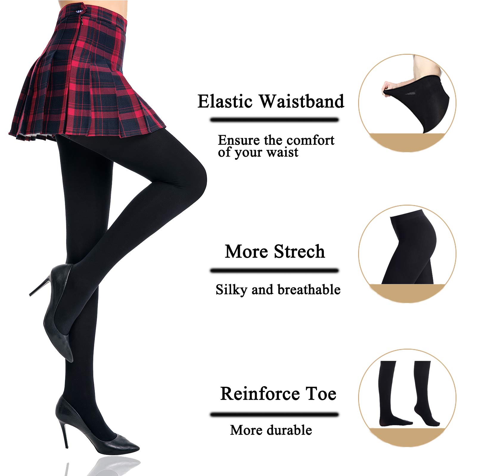 HONENNA Women's Control Top High Elastic Soft Opaque Pantyhose Tights, 1 Pair Pink L-XL