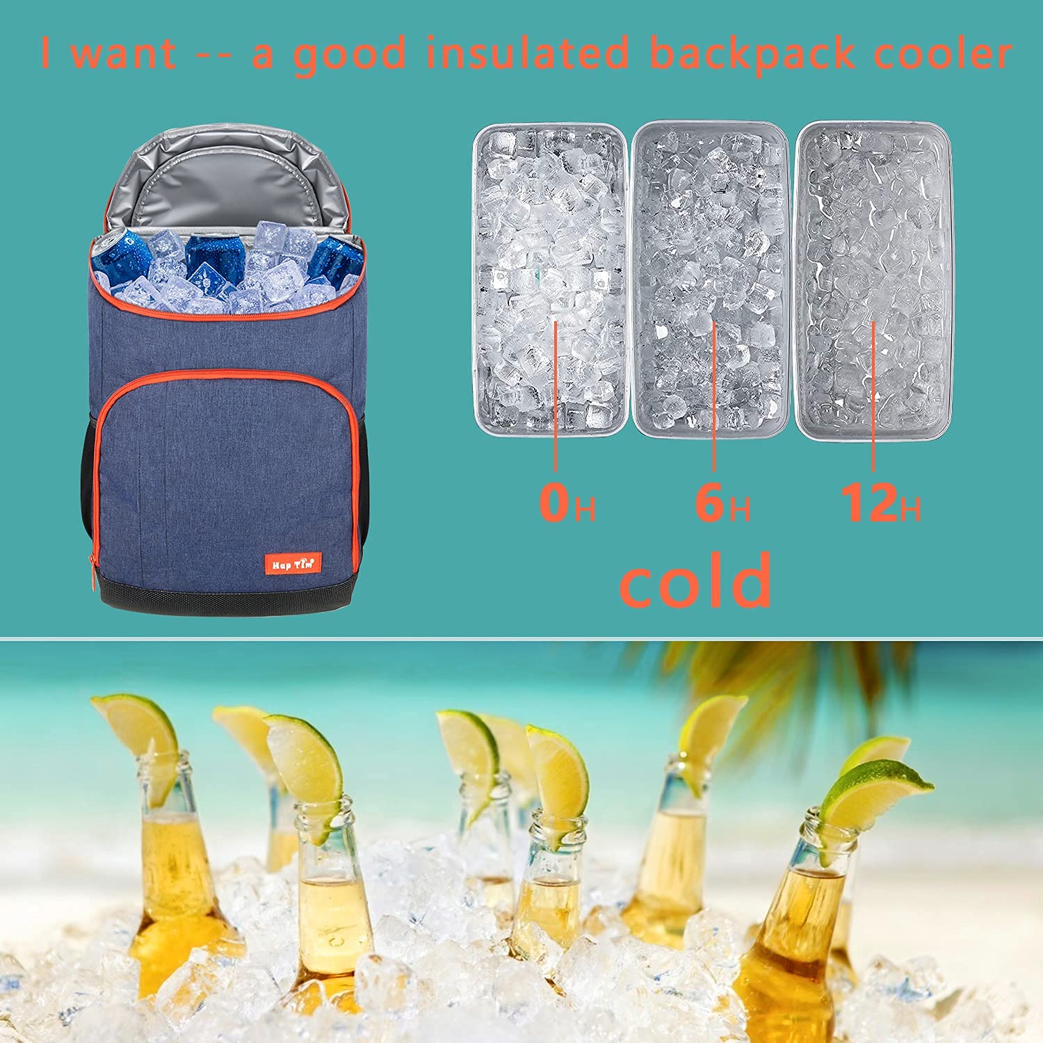 Hap Tim Insulated Leakproof 30 Can Soft Sided Portable Backpack Cooler Bag Lightweight for Travel, Lunch, Grocery Shopping,Fishing, Camping and Road Trips, Blue(1002-BL)