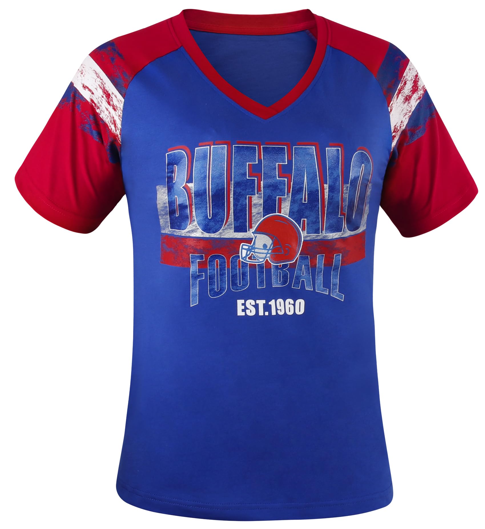 Geneisteck Womens Football Fans V Neck City Raglan T-Shirts - Royal Blue & Red Medium