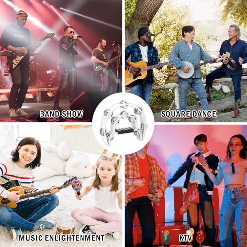 Half Moon Tambourine - Musical Instrument Percussion with Steel Jingle Bells for Drum & Guitar Playing (White)