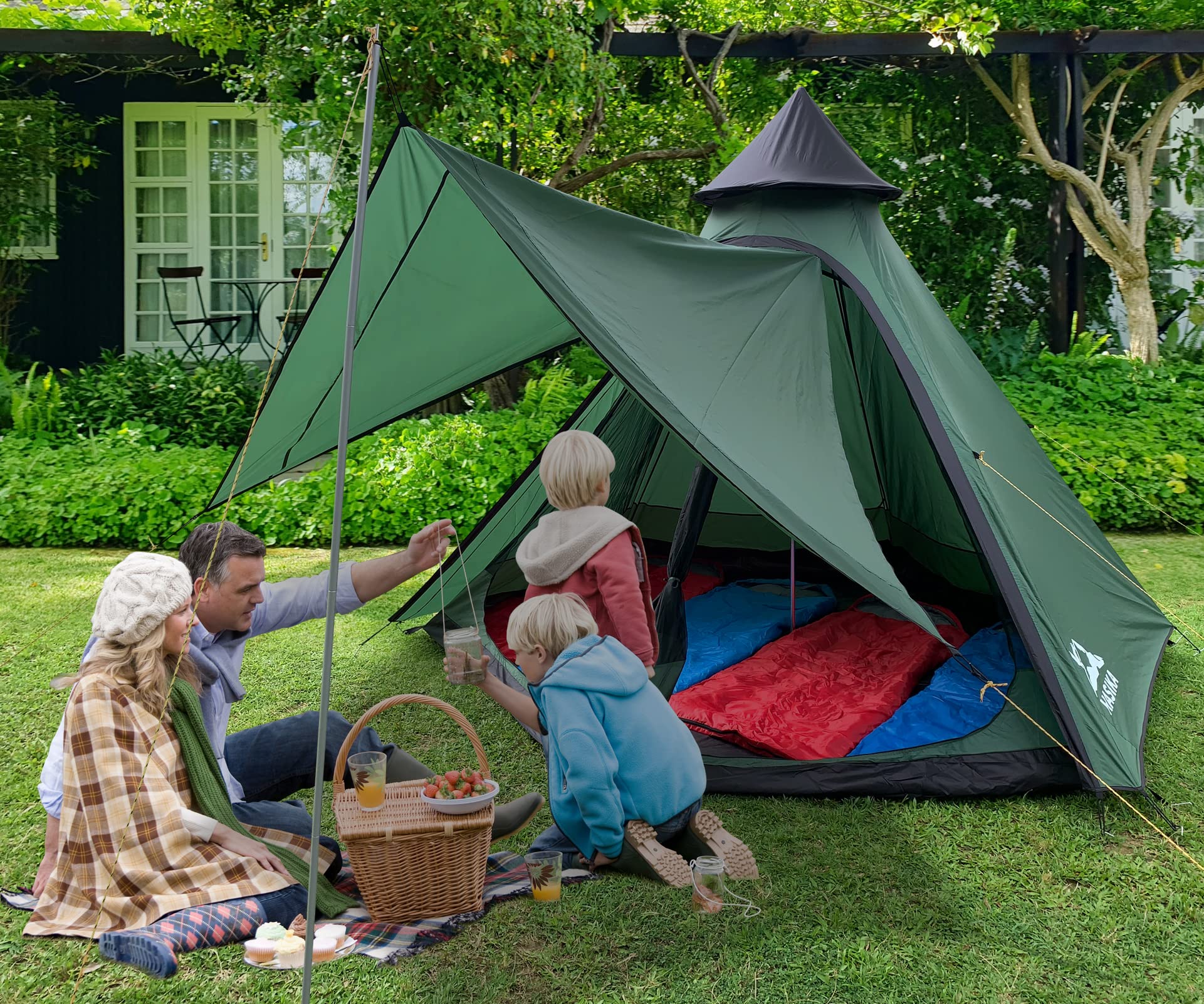 Hasika 4 Person Camping Tent Teepee Tent with Screen Netting and Rainfly Easy Set Up Waterproof Windproof Large Space 12x10ft