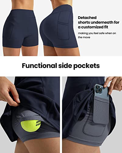 GYM RAINBOW Women's Built-in Bra Workout Dress Adjustable Straps Exercise Tennis Dress with Biker Shorts(#1 Navy,Medium)