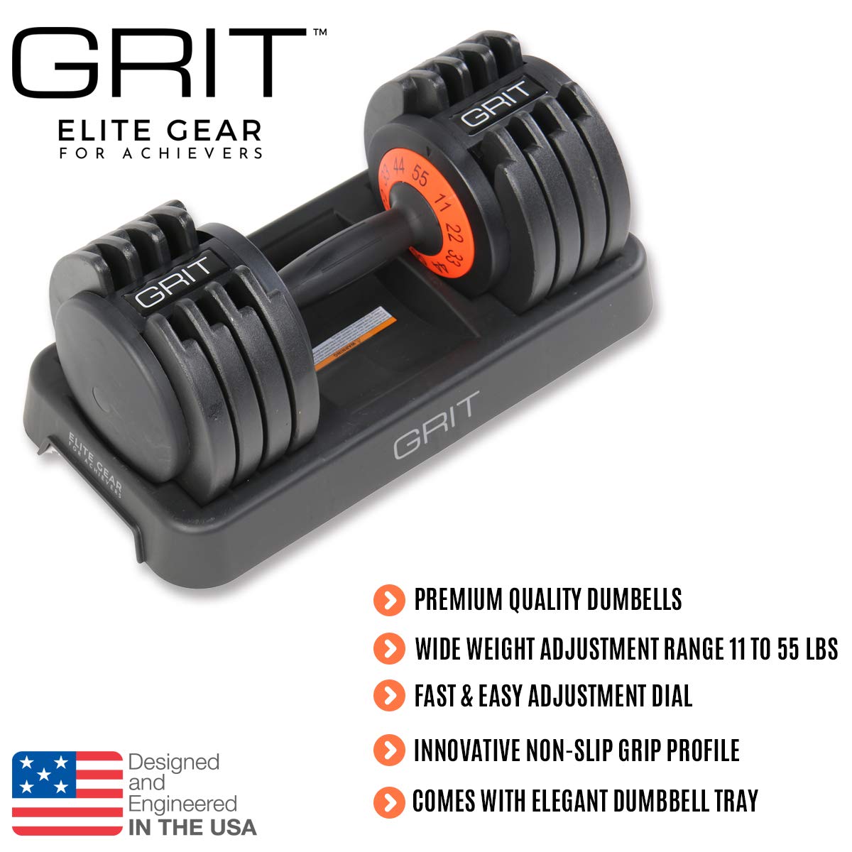 GRIT Adjustable Dumbbells Set - 11 to 55 Lbs Fast Adjusting Dial Weights - Workout Exercise, Strength Training and Core Fitness at Home or Gym for Men and Women - Easy Removable Plates, Tray 2 Pack
