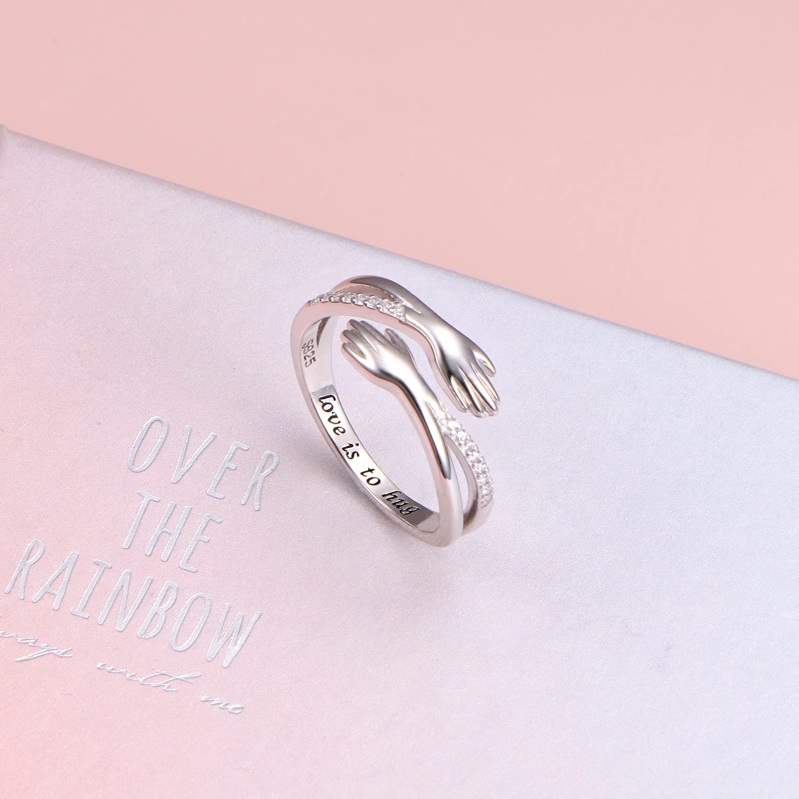 Hug Ring, 925 Sterling Silver Hugging Hands CZ Open Ring Engraved Love is to Hug Embrace Statement Promise Anniversary Ring, US Size: 5