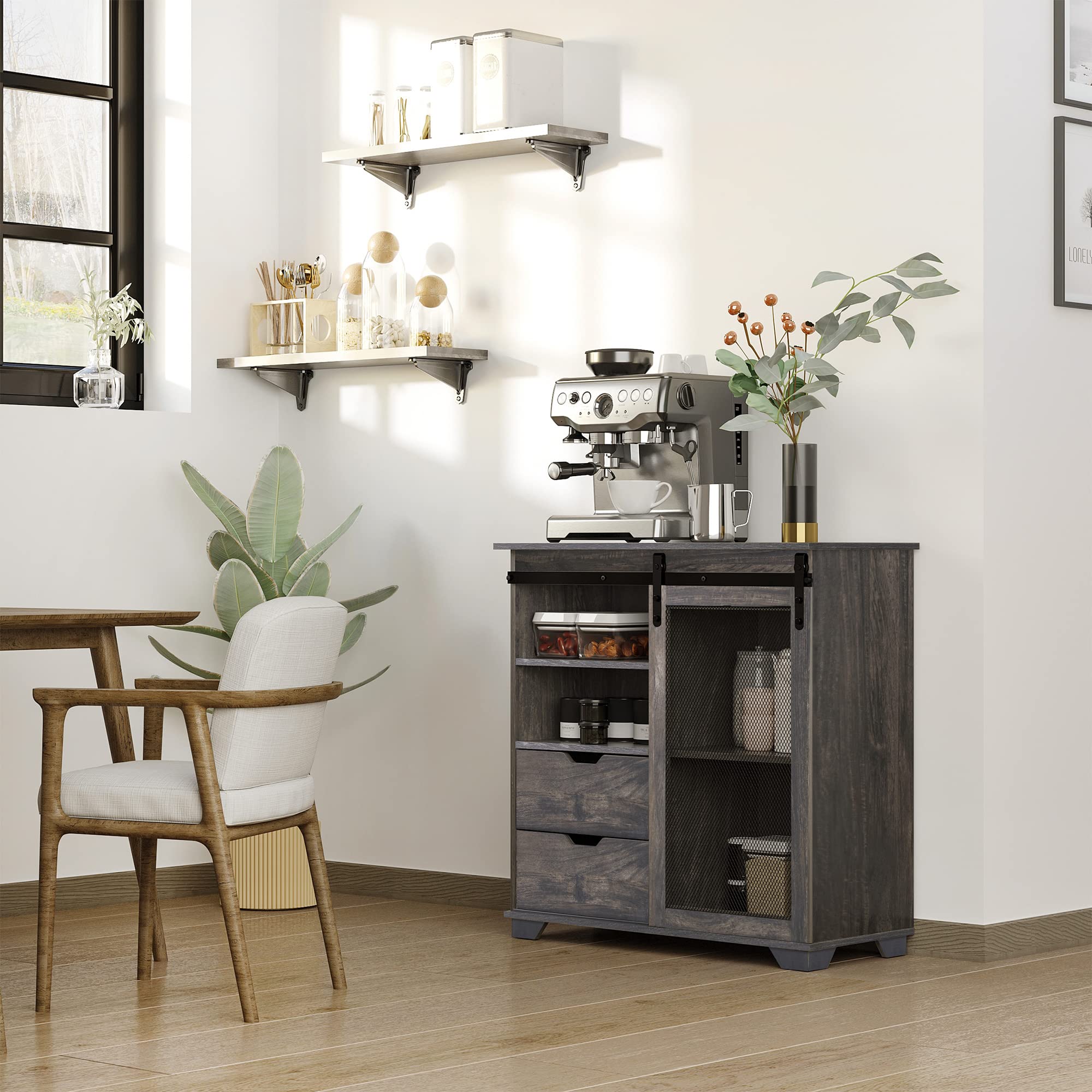 HOMCOM Industrial Sideboard Buffet Cabinet, Kitchen Cabinet, Coffee Bar Cabinet with 2 Drawers, 2 Open Shelves and Metal Mesh Sliding Door, Dark Brown