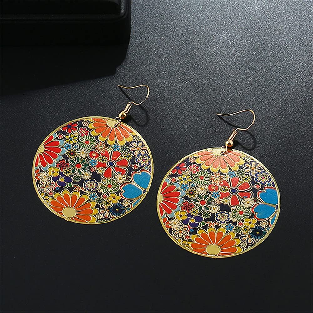 Gold Round Flower Disc Drop Dangle Earrings for Women Girls with Charms Boho Circle Ball Disk Blossom Spring Big Statement Dangling Hook Stud Earring Exaggerated Y2K Jewelry Gifts Christmas Festival Party