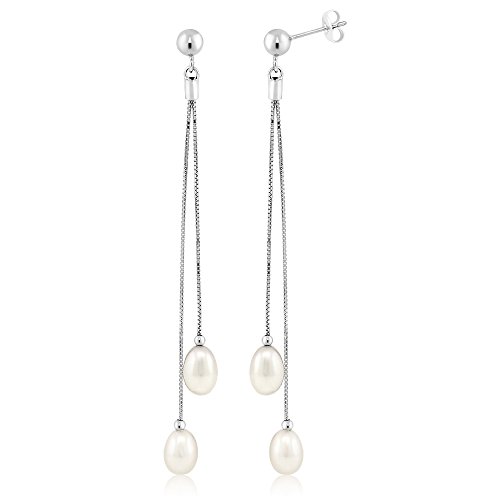 Gem Stone King 925 Sterling Silver Cultured Freshwater Pearl Drop Dangle Long Earrings For Women (Pearl Size: 7-7.5MM, Length: 3 Inch)