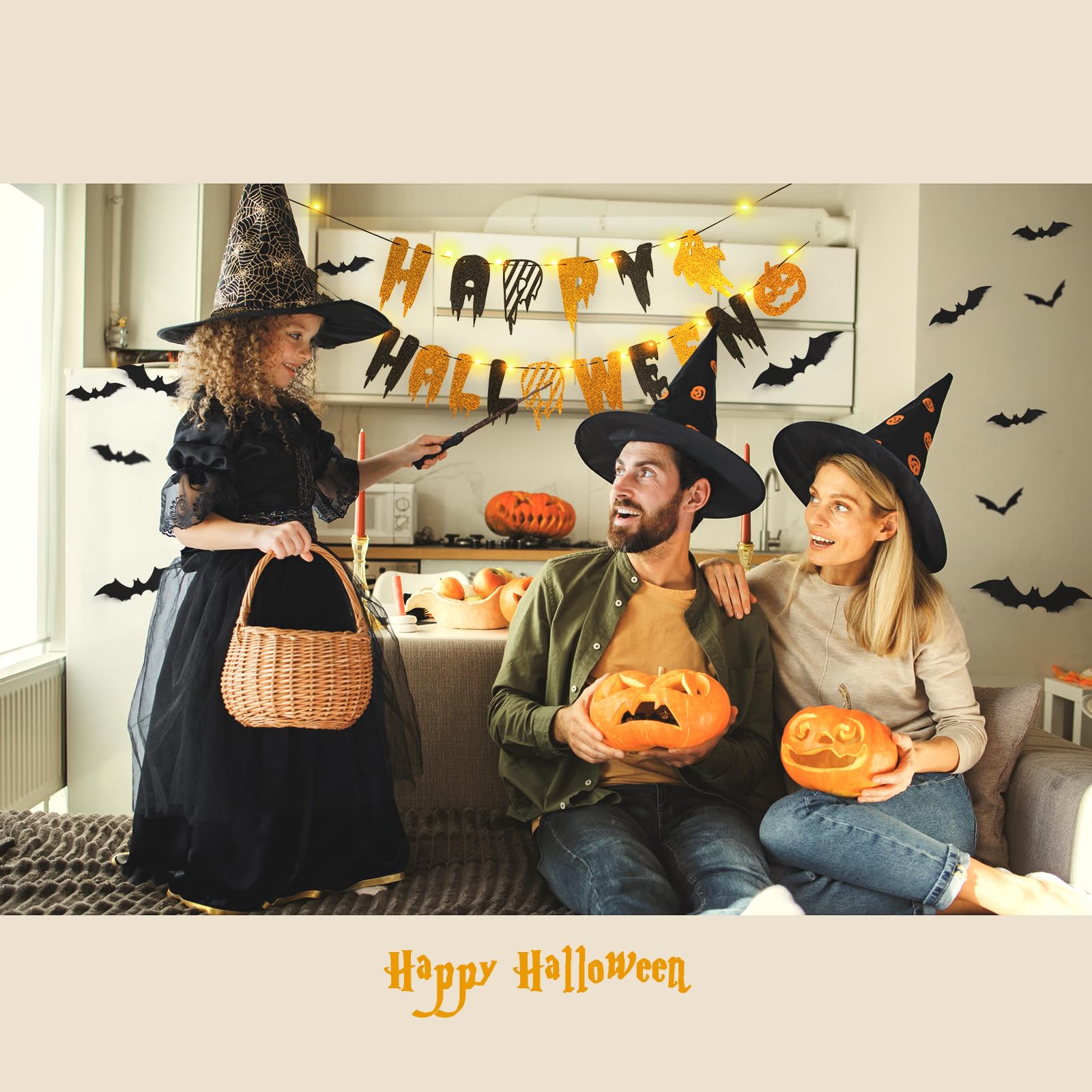 GIZIUXNE Happy Halloween Banner Set with LED Light Strip and 3D Bats Wall Decor for Halloween Party Decorations Indoor or Outdoor