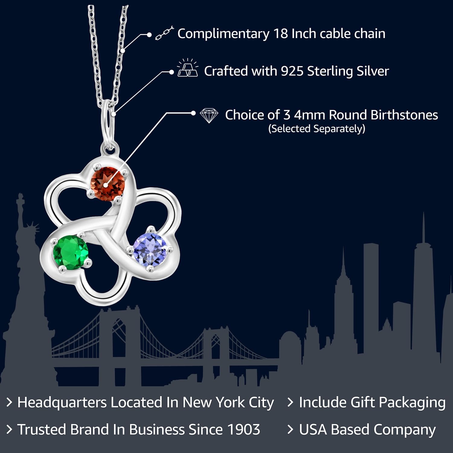 Gem Stone King 925 Sterling Silver 4MM Round Gemstone Birthstone 3 Hearts Interlock Pendant Necklace For Women with 18 Inch Silver Chain