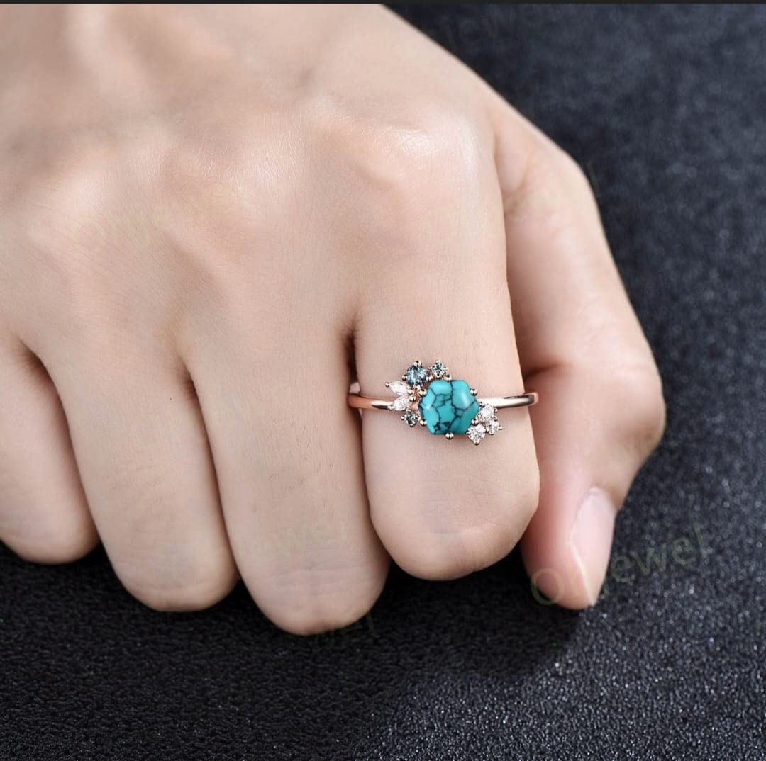 Hexagon cut Turquoise ring rose gold for women vintage unique Turquoise engagement ring cluster marquise diamond wedding promise ring gift