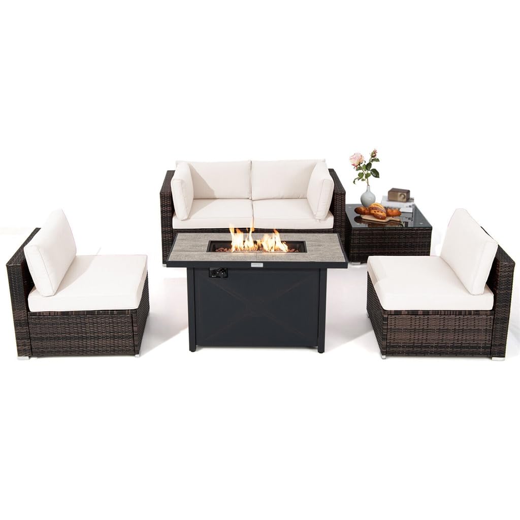 Generic 6PCS Patio Furniture Set Rattan Cushioned Gas Fire Pit Table Beige