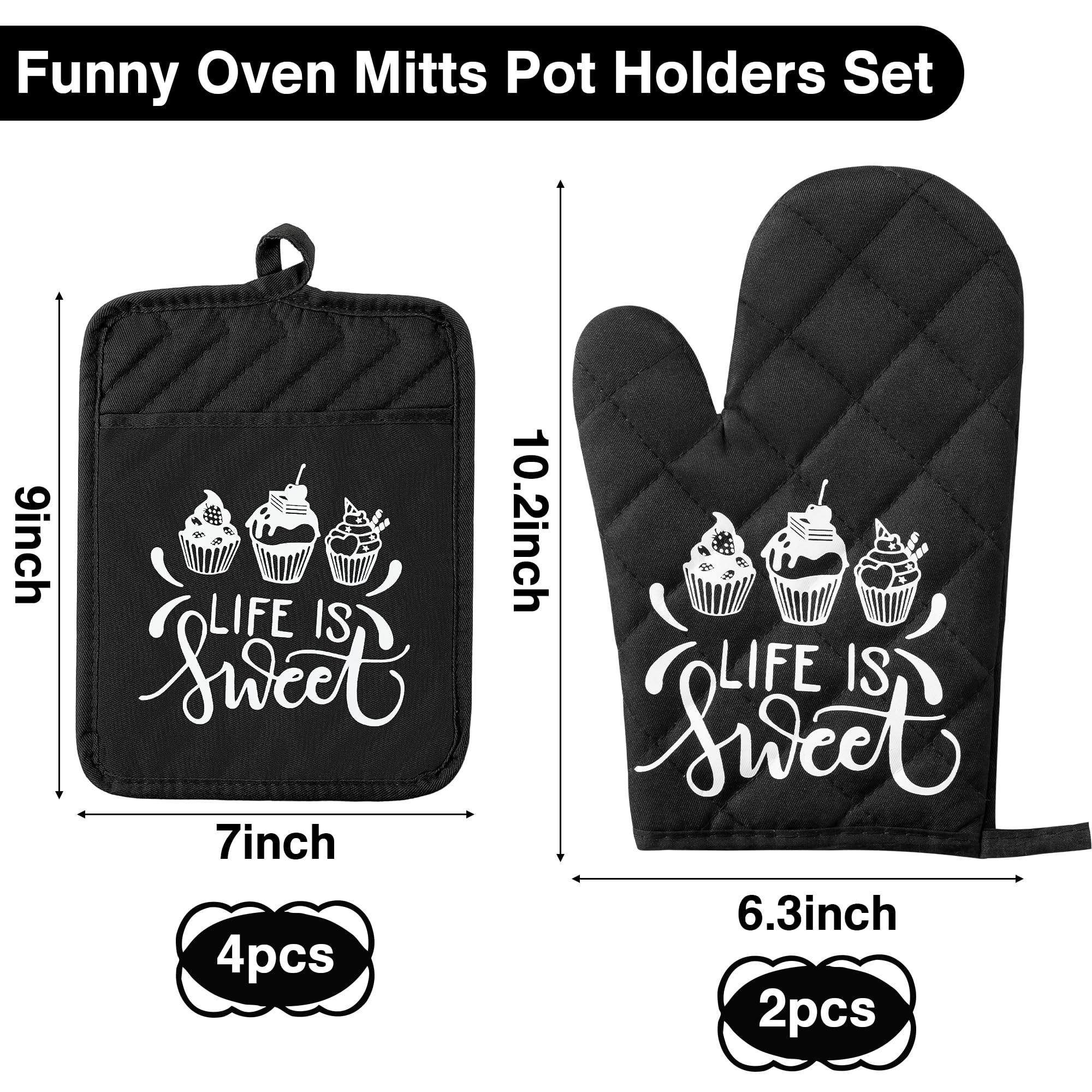 GROBRO7 6Pcs Cotton Oven Mitts and Pot Holders Set Life is Sweet Resistant Pocket Potholder Machine Washable Microwave Gloves with Hanging Loop Hot Pads for Daily Kitchen Baking Cooking Grilling Black