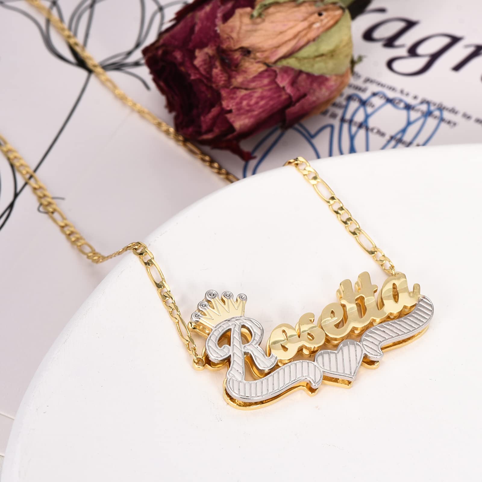 Gemiac Name Necklace Personalized 18k Gold Plated Crown Custom Nameplate Necklace for Women as a Gift (Gold and Silver 11)