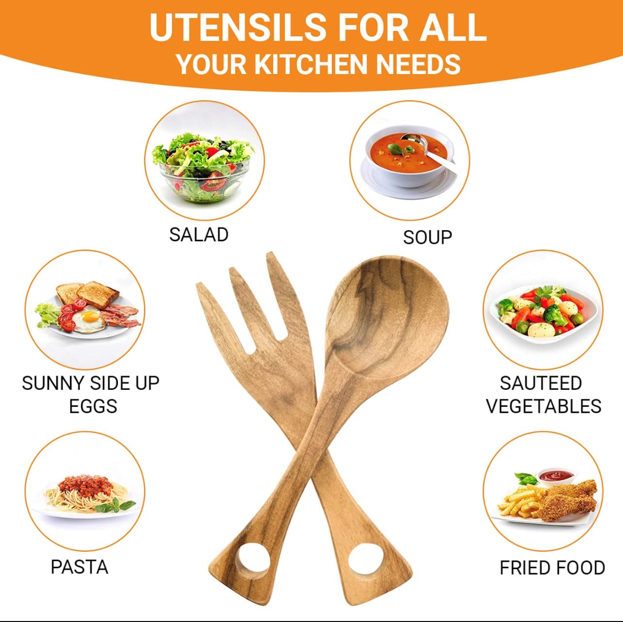 Handmade Walnut Wood Fork and Spoon Set for Kitchen - Attractive, Eco-Friendly Cooking Utensils, Salad Servers 10'' Long. Durable, Food Safe with Hanging Hole. Eco-friendly Crafted in Colombia