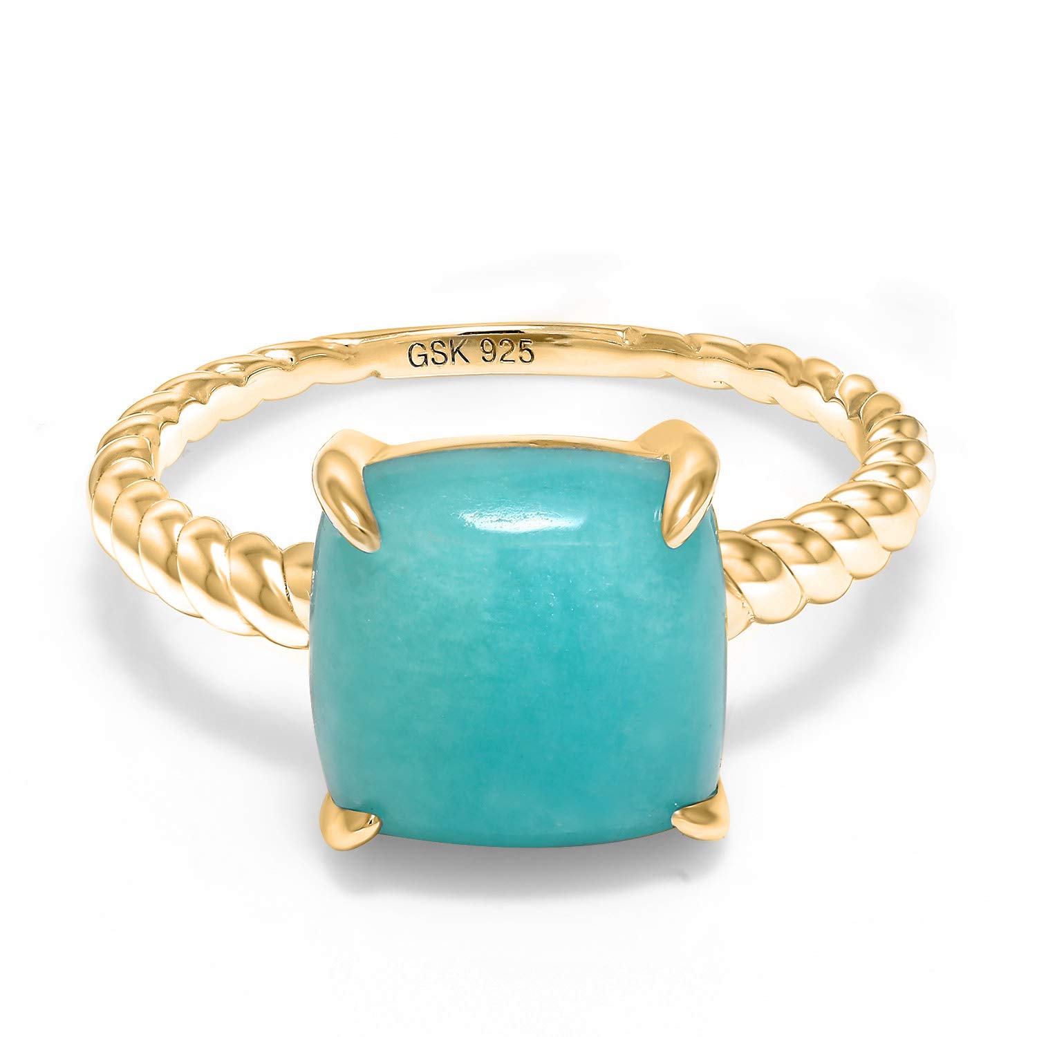 Gem Stone King 18K Yellow Gold Plated Silver Sleeping Beauty Turquoise Women Ring (10MM Square Cabochon, Available in size 5, 6, 7, 8, 9)