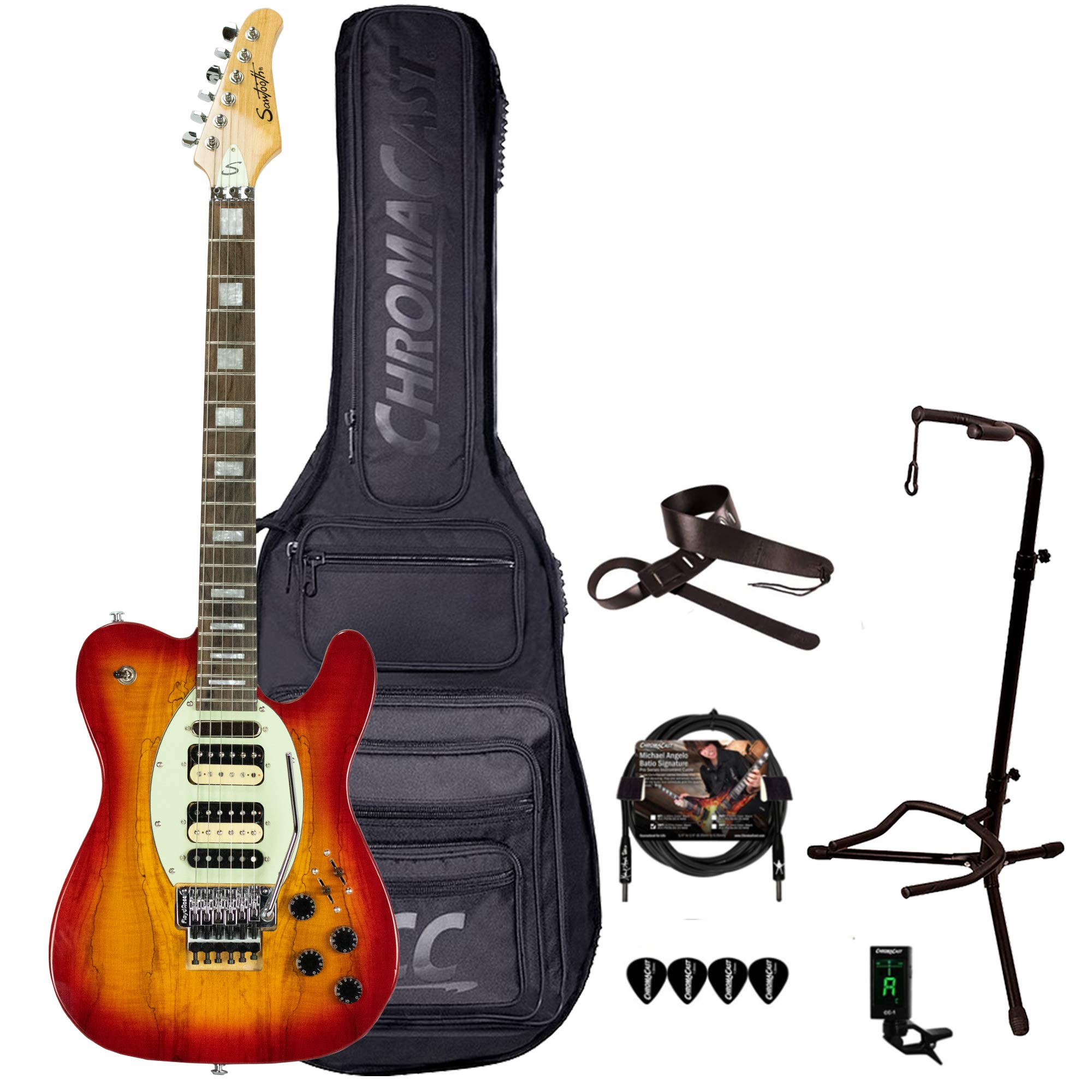 GoDpsMusic 6 String Sawtooth ET Hybrid Electric Guitar Designed by Michael Angelo Batio w Gig Bag and Accessories, Right, Spalted Maple Trans Cherry Burst (ST FL-SMTCB-KIT)