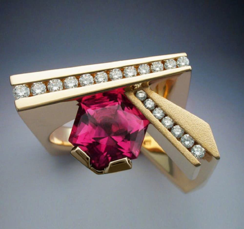 HUKQBUNX 18K Gold Multi Gem Geometric Irregular red gem Multi Diamond Diamond Diamond Cubic Zircon Women's Precious Fashion gem Couple Wedding Engagement Ring Size 6-10 (Size 9)
