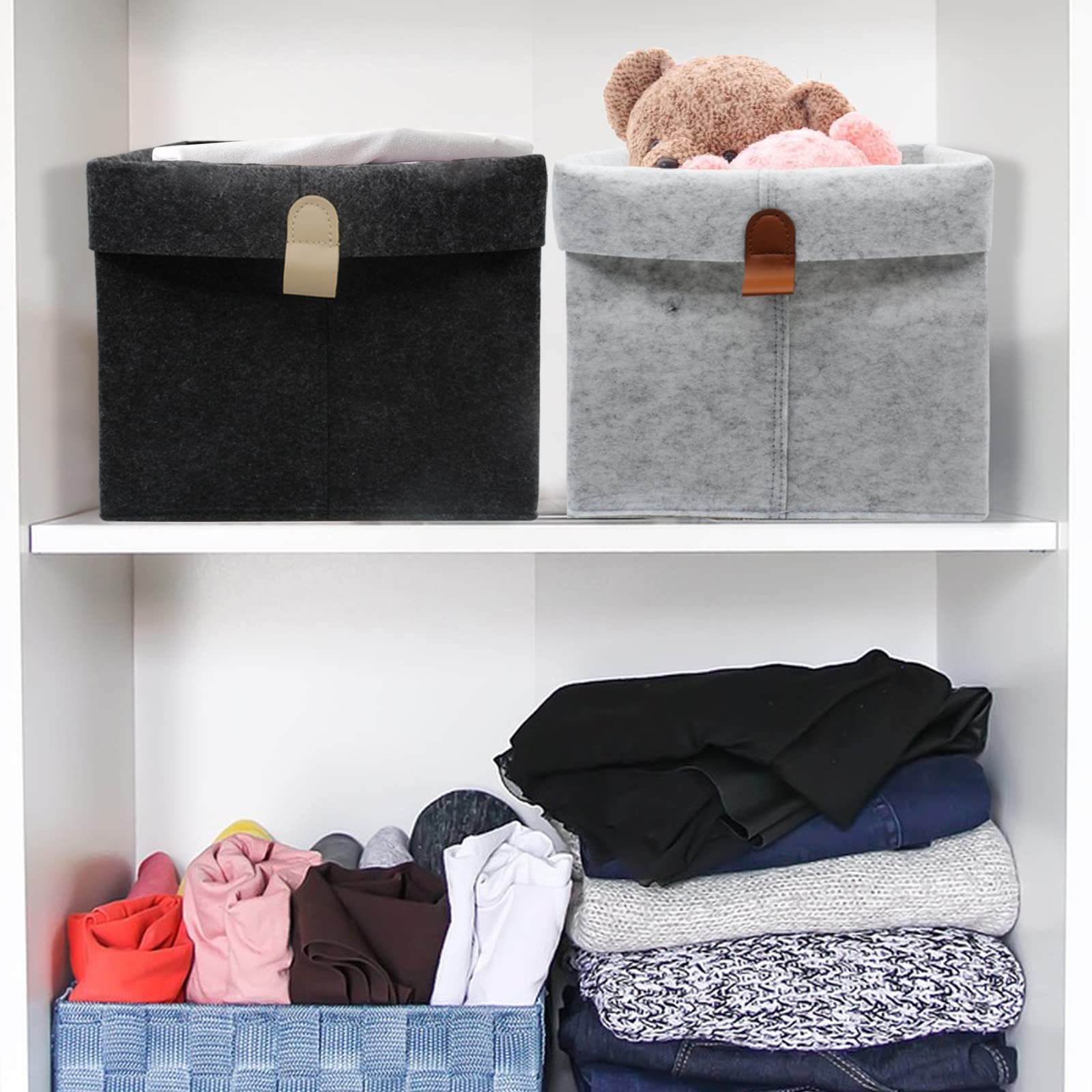 WisePoint Felt Storage Basket, Folded Closet Storage Bins Large Capacity Cube Storage Bin with Hanger, Multifuctional Storage Bins for Shelves, Clothing, Books, Shoes (light gray)