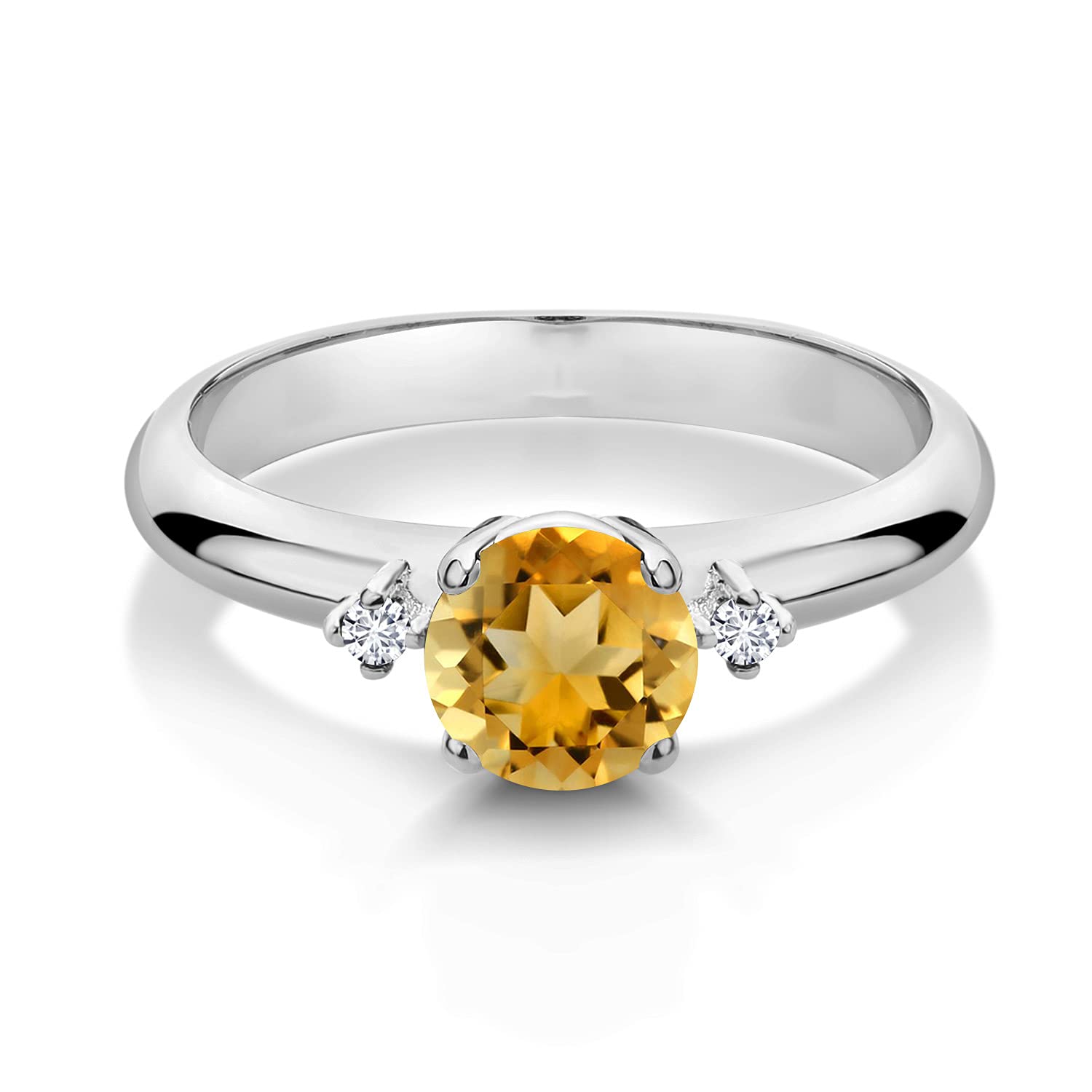 Gem Stone King 925 Sterling Silver Round Yellow Citrine and White Moissanite Ring (0.83 Cttw, Gemstone Birthstone, Available In Size 5, 6, 7, 8, 9)