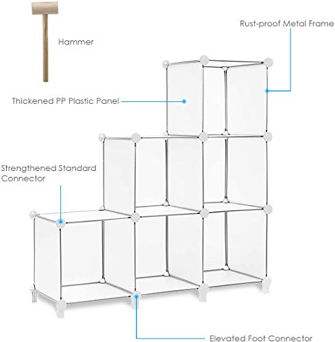 GuanJun Storage Organizer 6 Cubes,Modular Shelves, DIY Plastic Closet Cabinet,Storage Shelves for Bedroom, Living Room, Office, with Rubber Hammer (White)