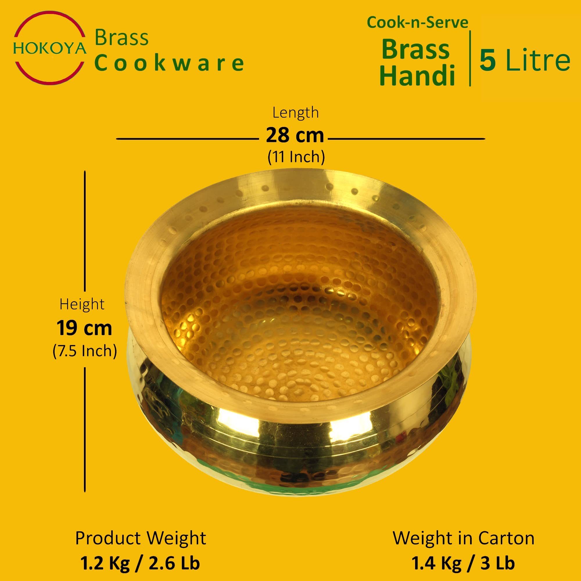 HOKOYA Brass Handi for Cooking Food (5 Litre Water Capacity) Medium Size Brass Handi for Cooking Biryani | Brass Utensils for Kitchen Cooking