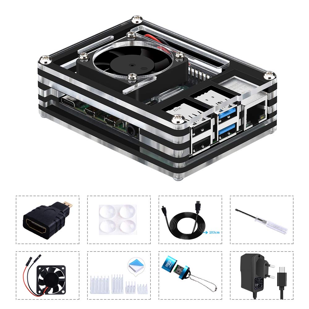 GeeekPi Raspberry Pi 4 Case with 4010 Fan 5V, 5V 3A USB-C Power Adapter, 4 x Heatsink, 1M Micro HDMI Cable, HDMI Micro HDMI Adapter, USB Card Reader for Raspberry Pi 4 Model B (RPi Board Not Included)