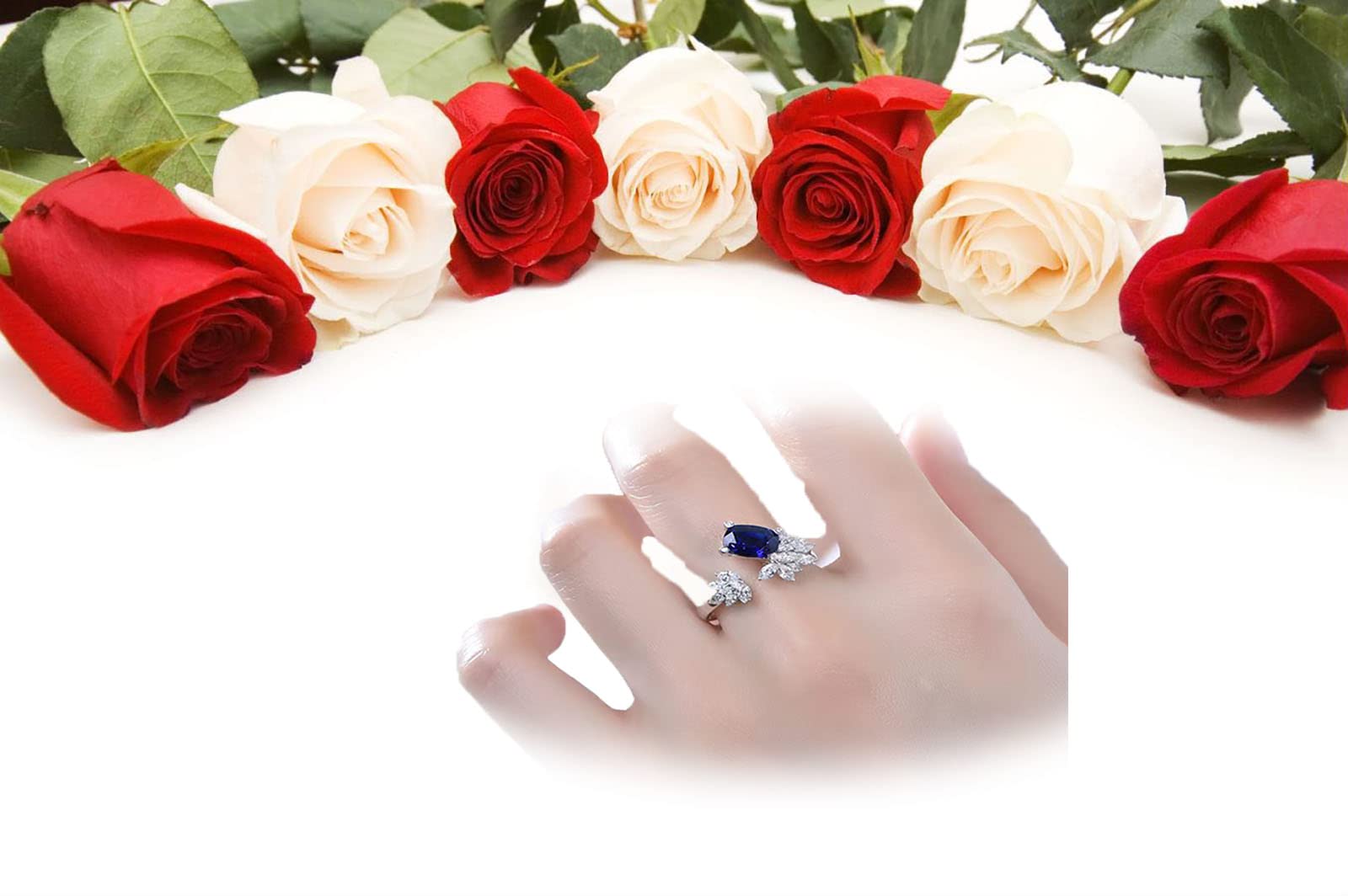 H.Queen Lifetech Fashionable Navy Sapphire Zircon Created Gemstone Rings Navy Blue Adjustable Open Rings Copper Plated 925 Silver for Women(Navy Blue