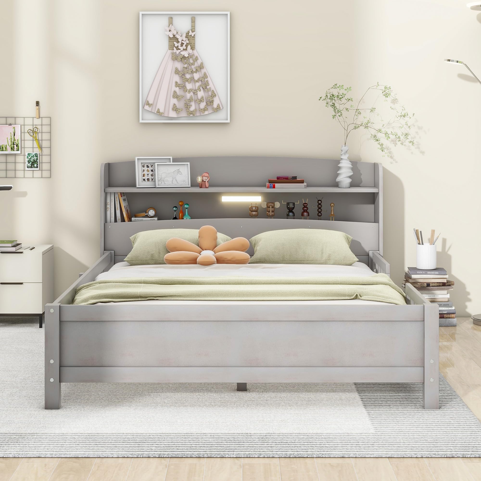 GJHOME Full Size Platform Bed with Built-in LED Light, Storage Headboard and Guardrail, Antique Grey for Kids and Adult Bedroom