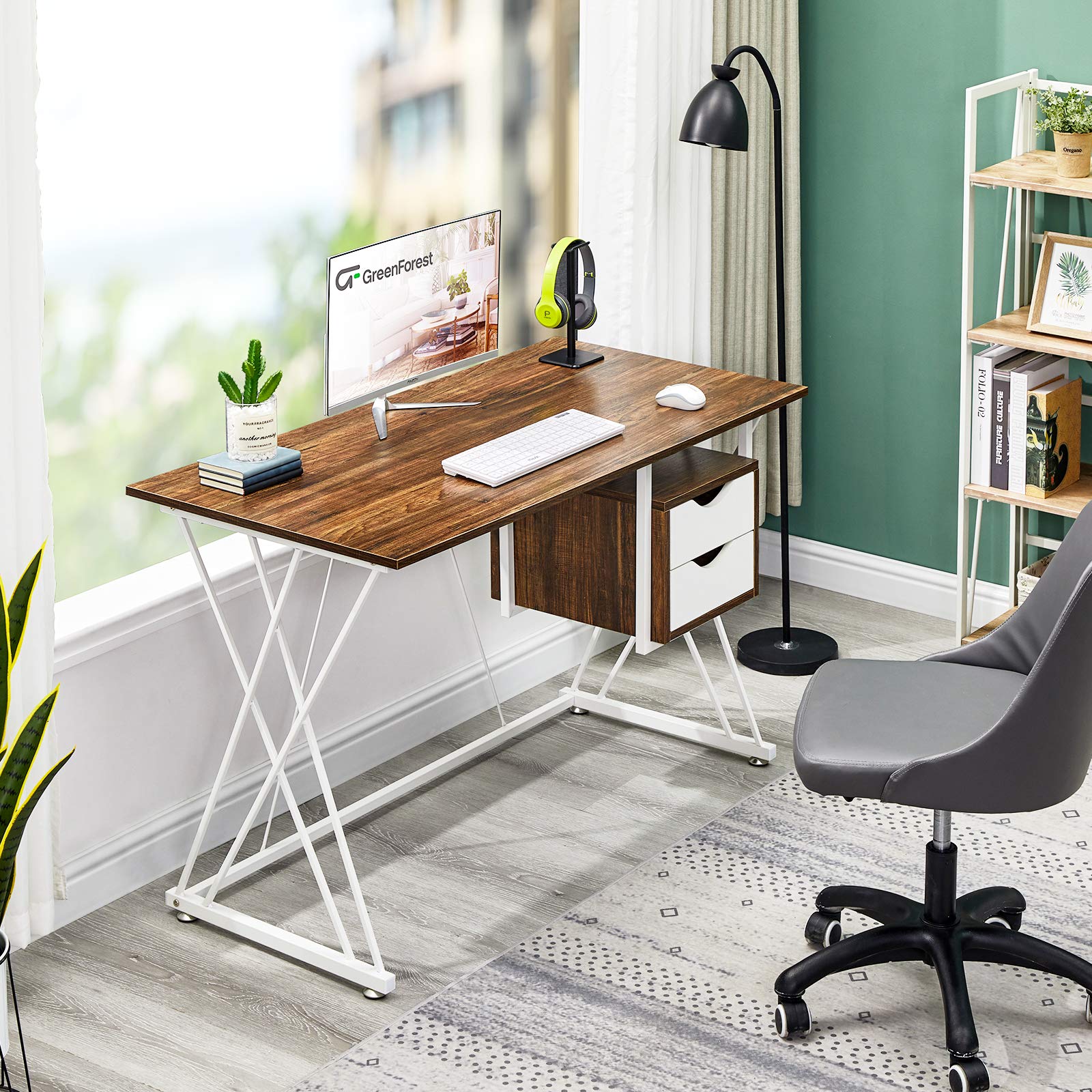 GreenForest Small Computer Office Desk with Drawers 47.2" Home Vanity Table with Double X Legs for Small Space Writing Study Desk Saving Space Pc Workstation Laptop Table, Walnut