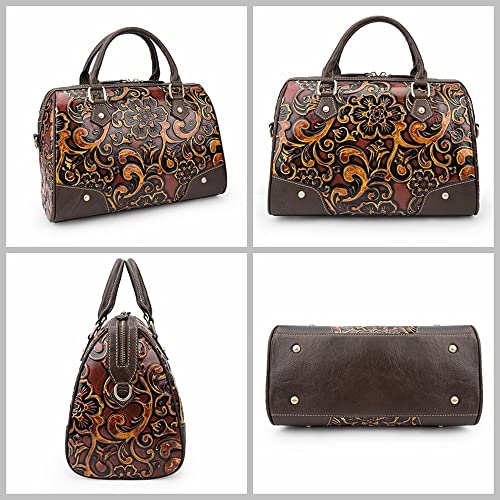 Genuine Leather Embossed Purses for Women, Retro Crossbody Handbag Satchels with Vintage Floral Design (wine red)